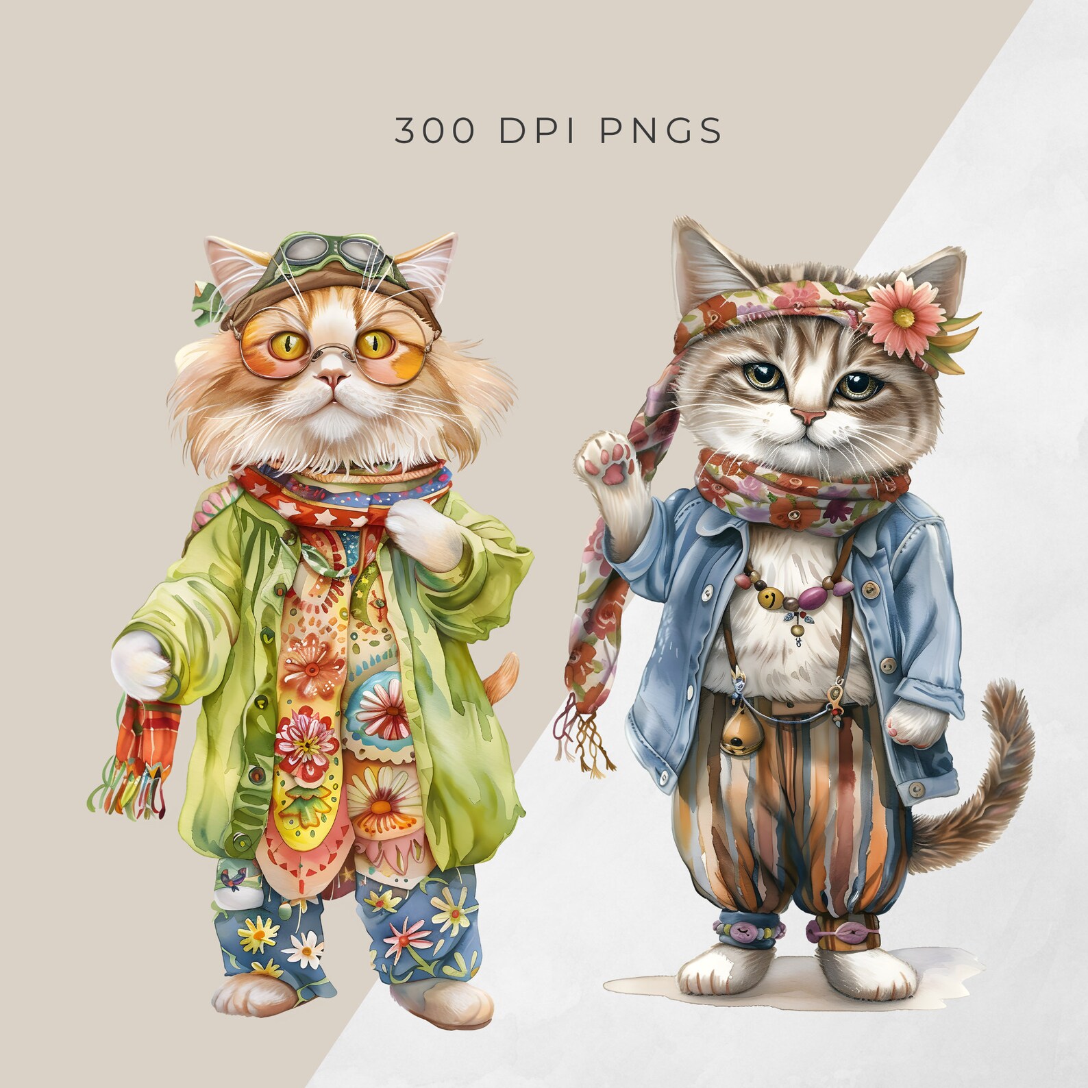 Cute Kitten Watercolor Clipart Funny Cat Clipart, Quirky Hippie Catnip ...