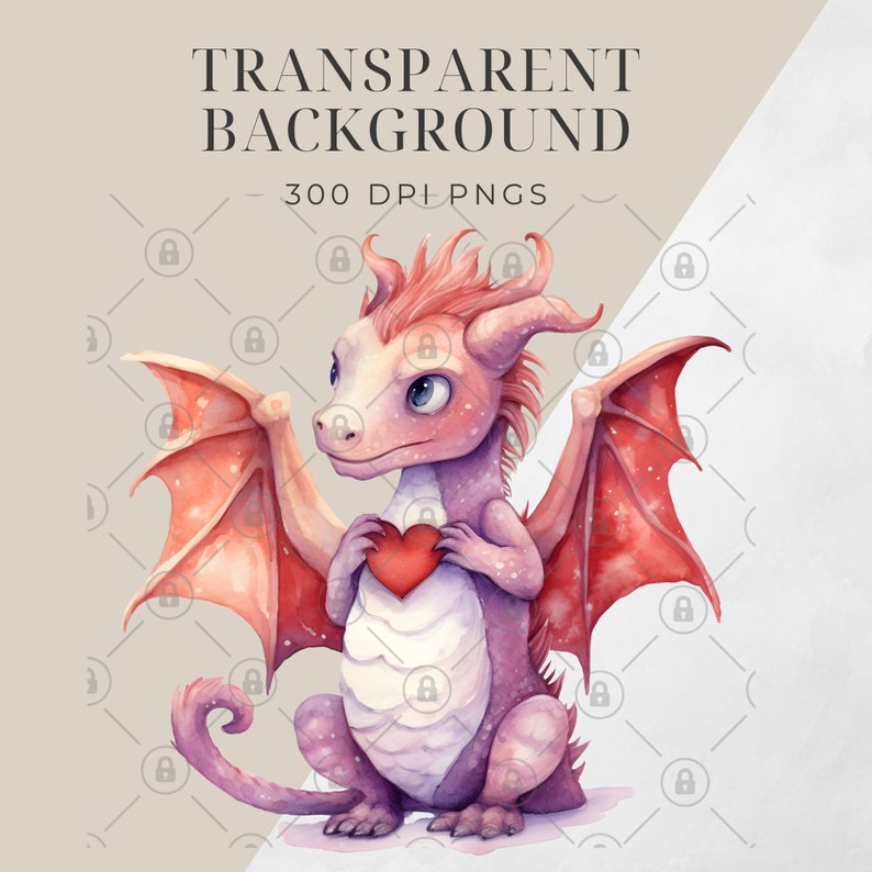 Cute Valentine Dragon Clipart, SINGLE IMAGE Love Fairytale Watercolor ...