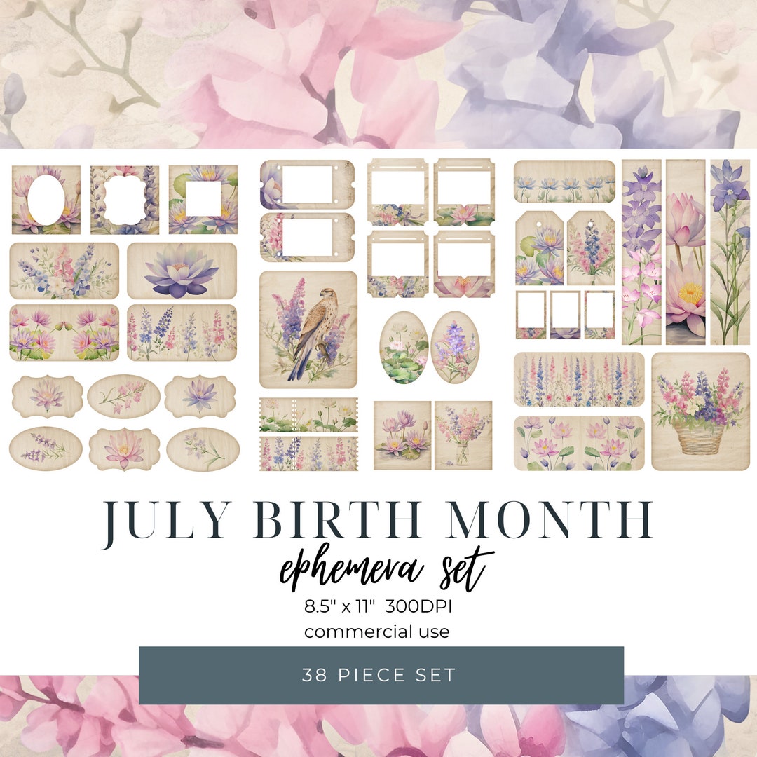 July Birth Month Art Journal Ephemera Pack 38 Pieces, Floral Symbol ...