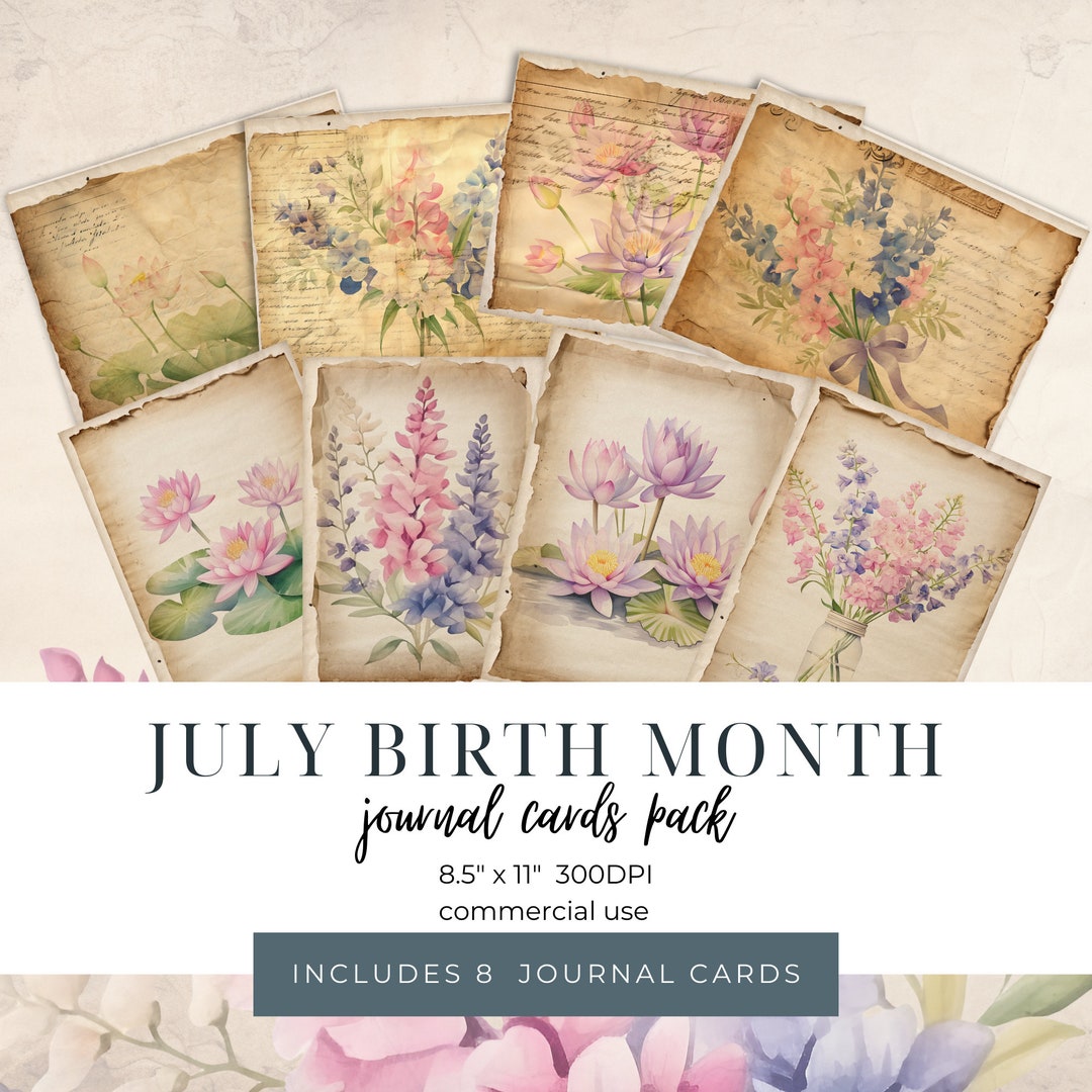 July Birth Month Journal Cards, Birthday Printable Scrapbook Gift ...