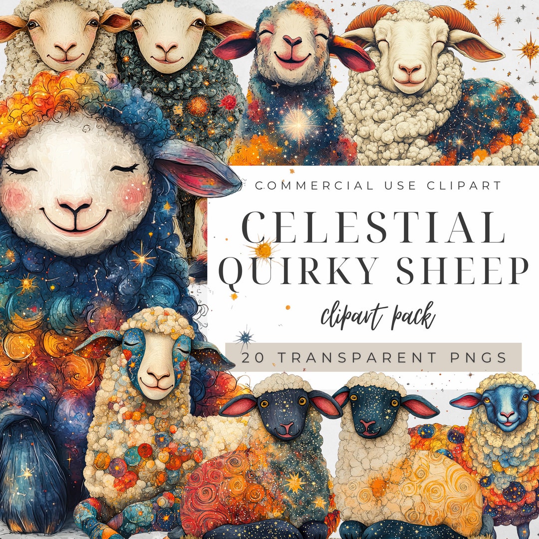 Quirky Sheep Clipart, Cute Celestial Lamb Graphics, Whimsical Fantasy ...