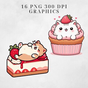 Strawberry Cat Clipart, Cute Kawaii Printable Stickers, Berry Fun Kitty ...