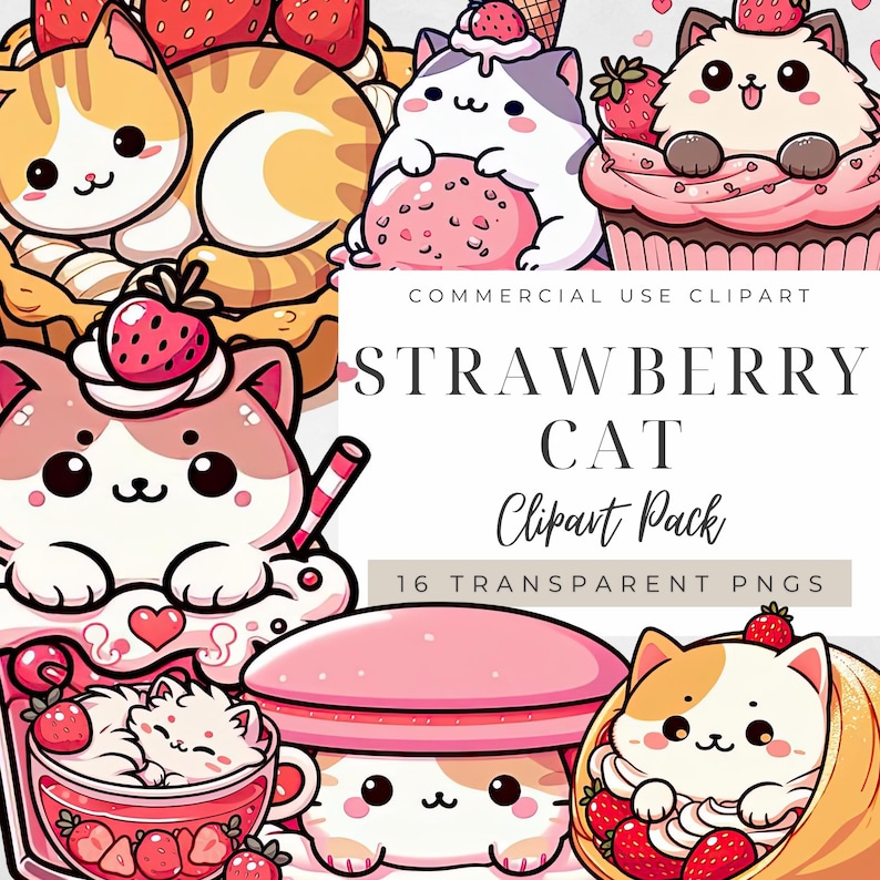 Strawberry Cat Clipart, Cute Kawaii Printable Stickers, Berry Fun Kitty ...