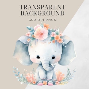 Boho Baby Elephant Clipart, SINGLE IMAGE Floral Animal Watercolor Art ...