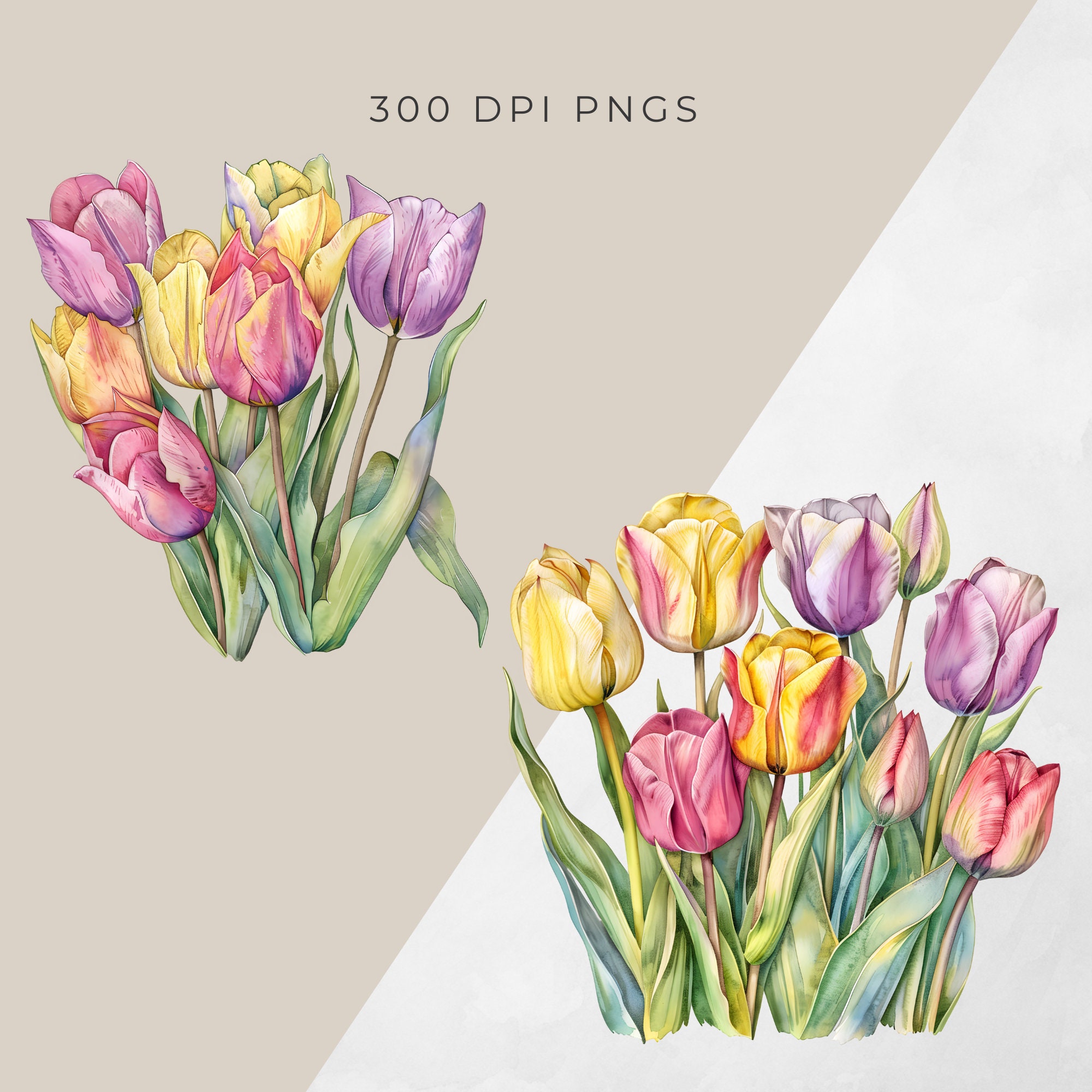 Spring Tulip Flower Clipart, Watercolor Yellow Purple Floral Wreath ...