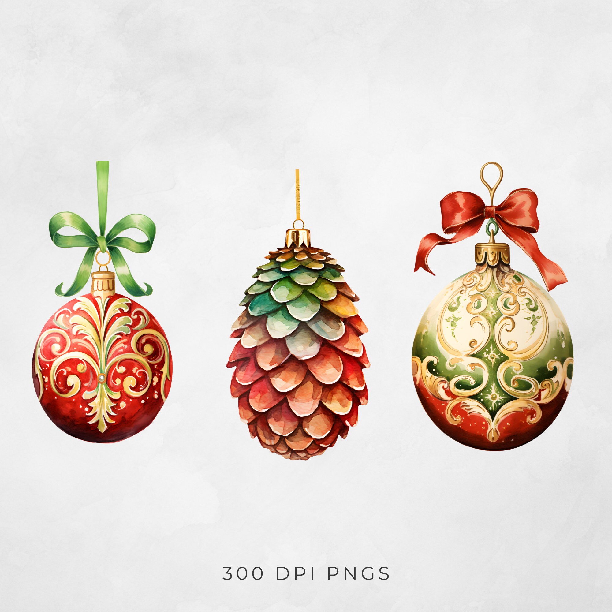 Vintage Christmas Ornaments Clipart, Red Green Gold Watercolor Tree ...