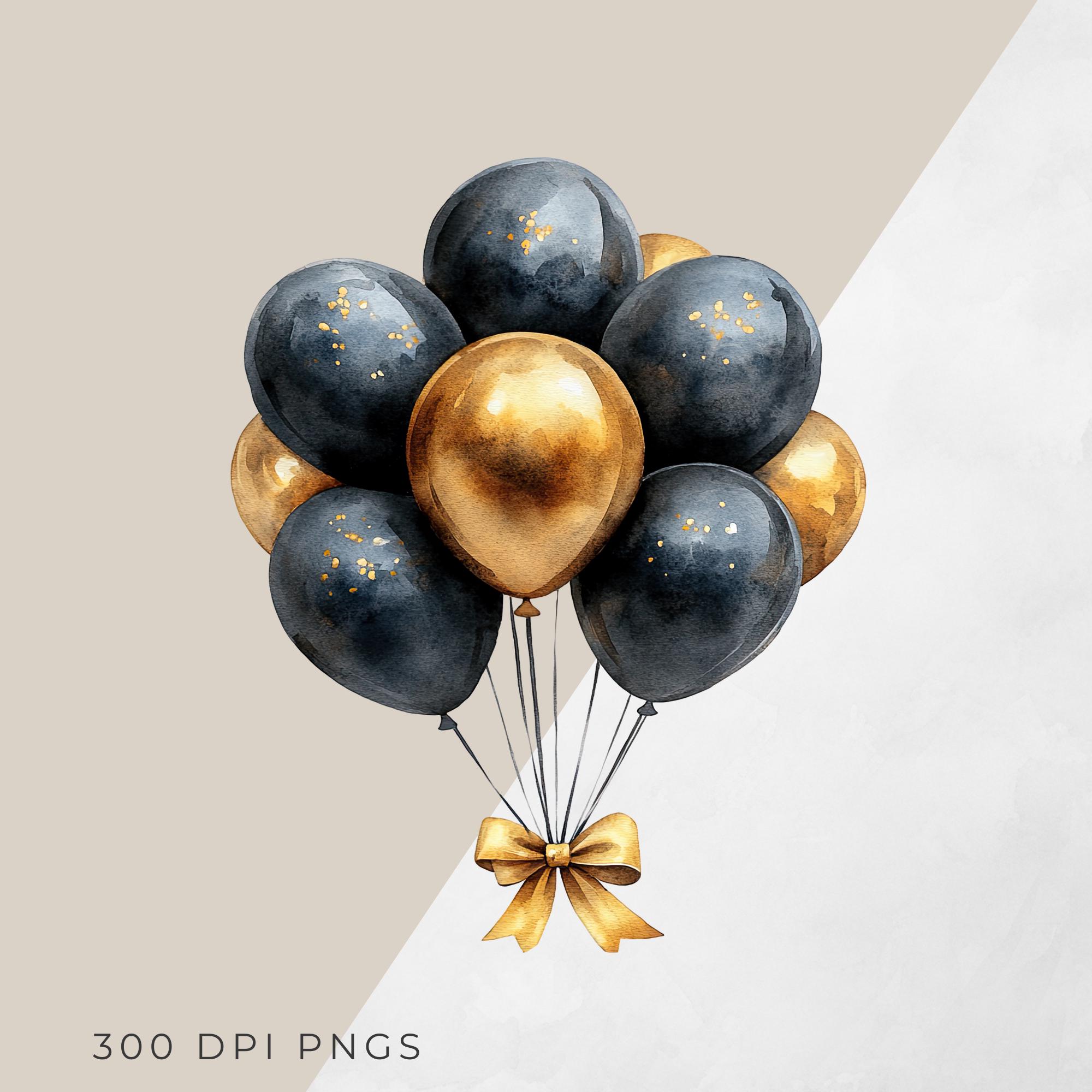 Happy New Year Clipart Black and Gold 2025, Celebration Party Balloons ...