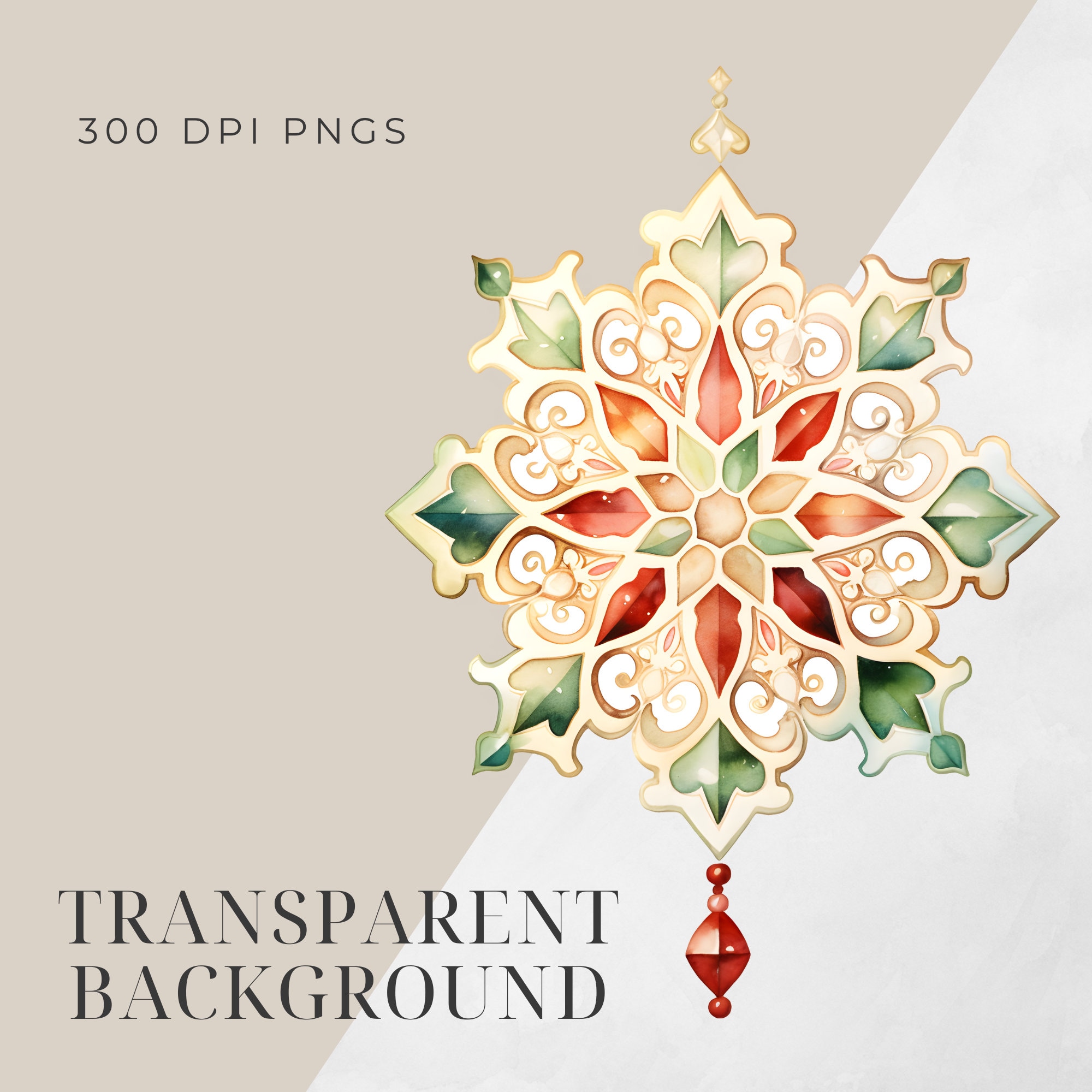 Vintage Christmas Ornaments Clipart, Red Green Gold Watercolor Tree ...