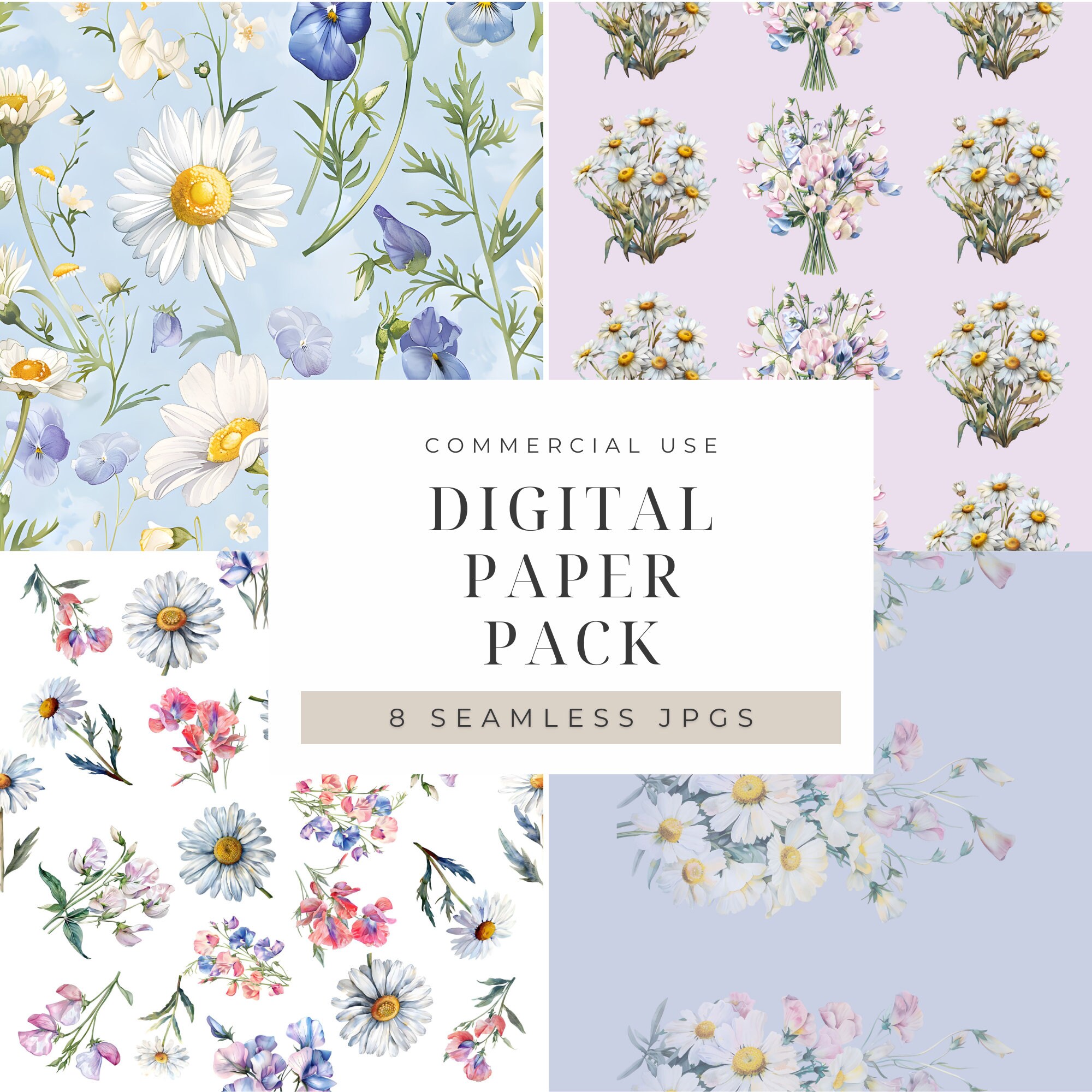 April Birth Flower Digital Paper, Spring Watercolor Daisy Sweet Pea ...