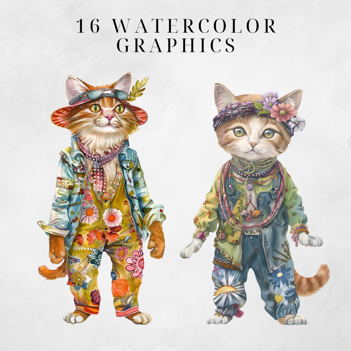 Cute Kitten Watercolor Clipart Funny Cat Clipart, Quirky Hippie Catnip ...