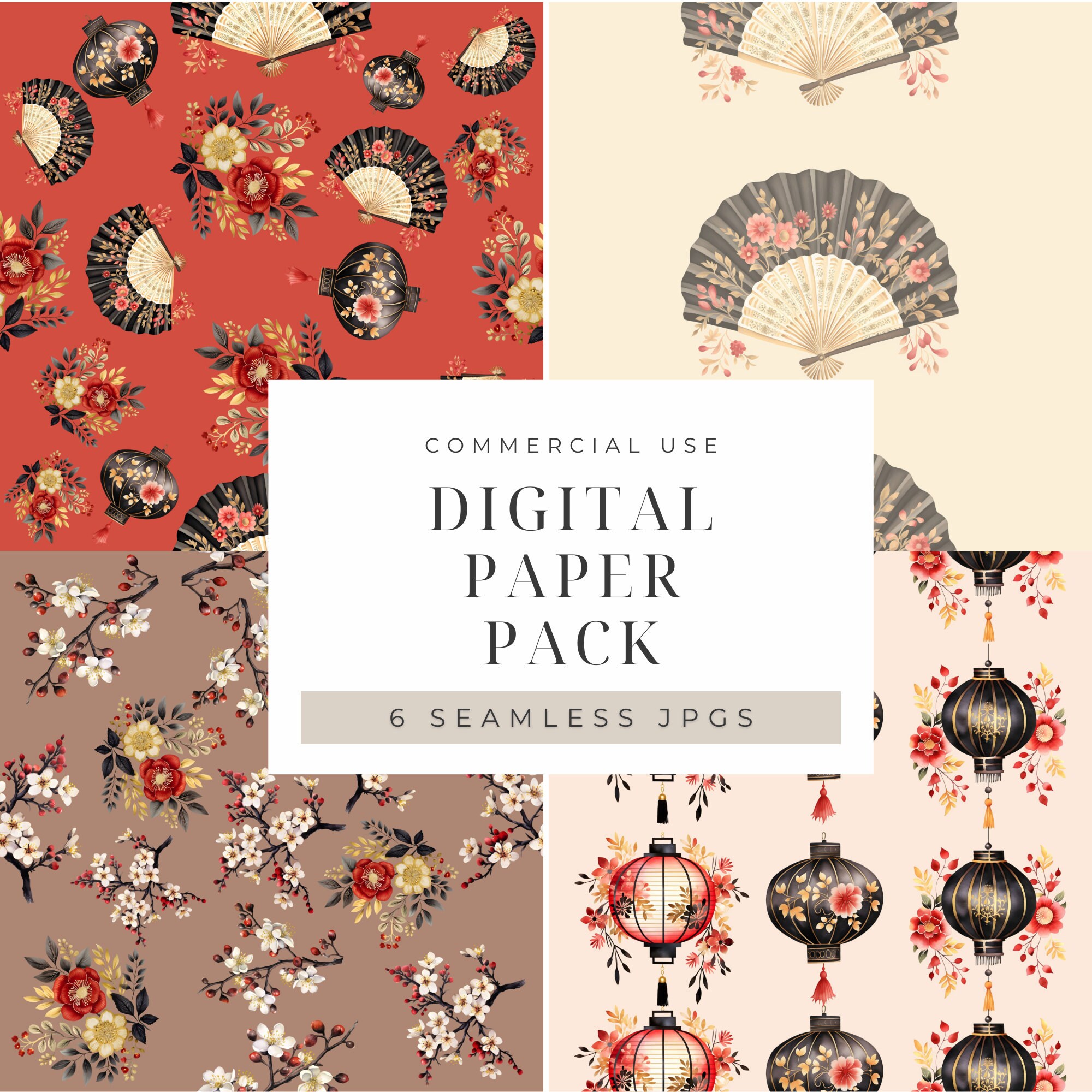 Year of the Dragon Digital Papers, Lantern Seamless Custom Set, Lucky ...