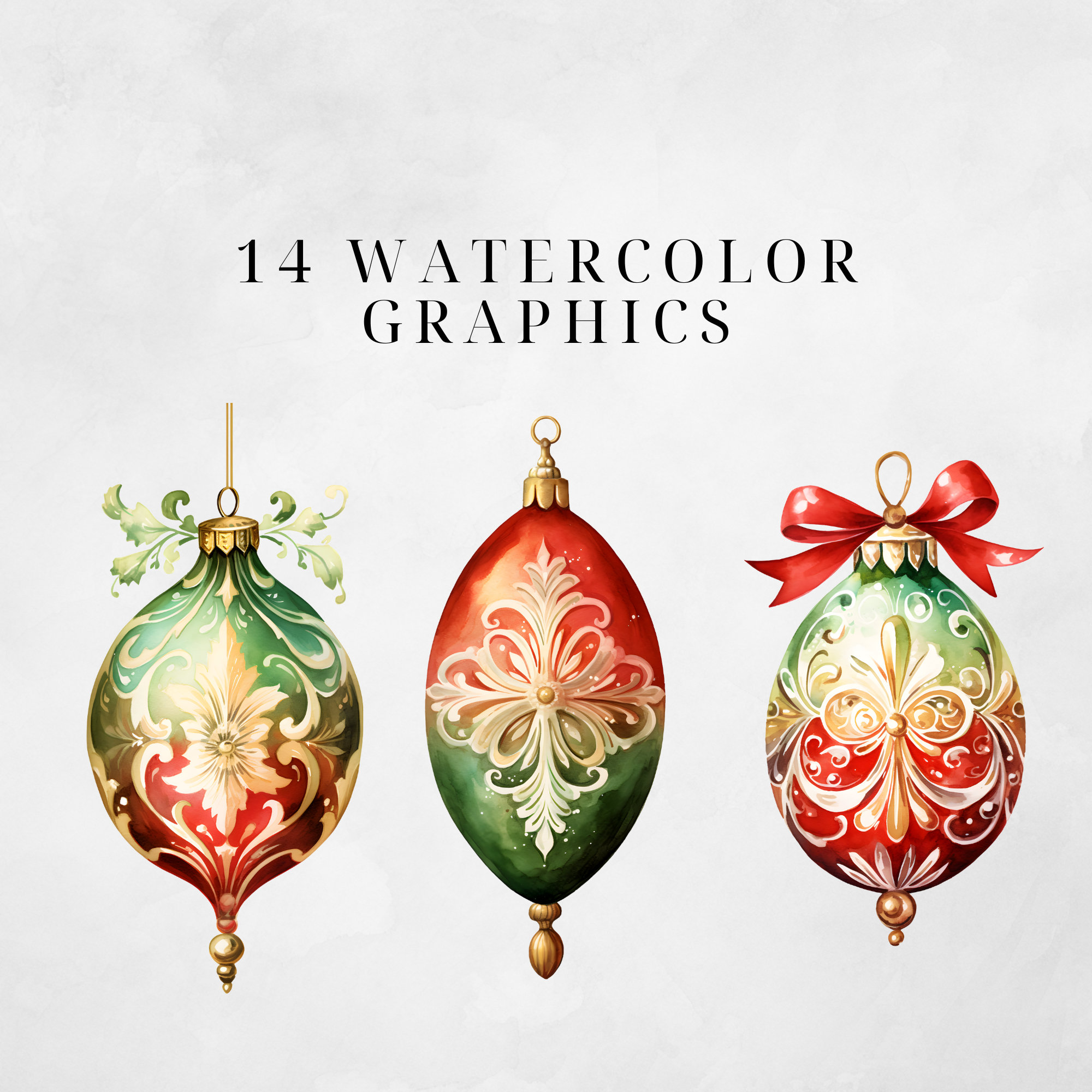 Vintage Christmas Ornaments Clipart, Red Green Gold Watercolor Tree ...