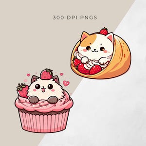Strawberry Cat Clipart, Cute Kawaii Printable Stickers, Berry Fun Kitty ...