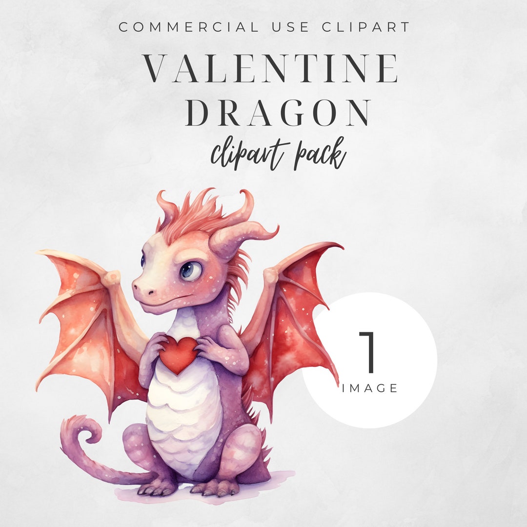 Cute Valentine Dragon Clipart, SINGLE IMAGE Love Fairytale Watercolor ...