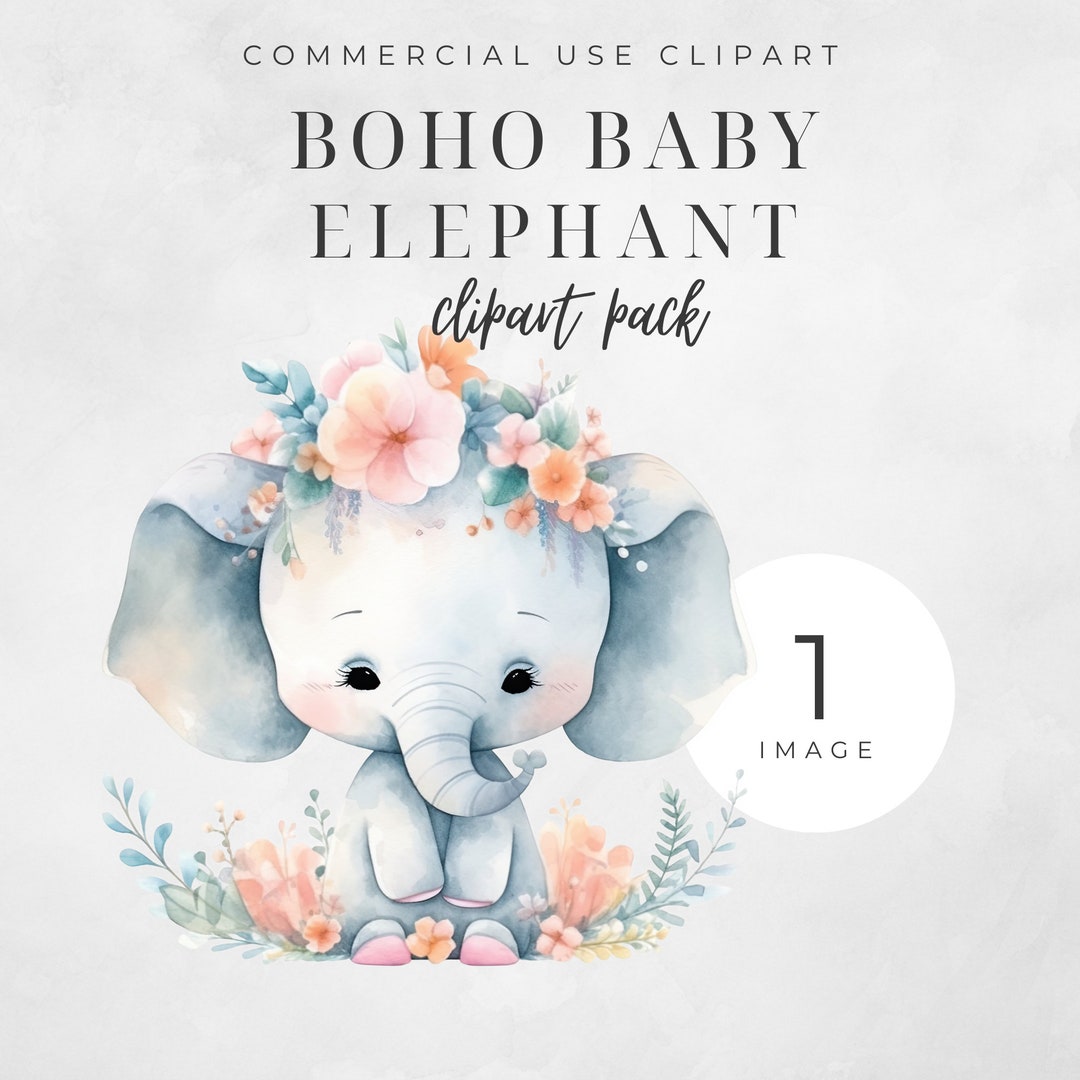 Boho Baby Elephant Clipart, SINGLE IMAGE Floral Animal Watercolor Art ...