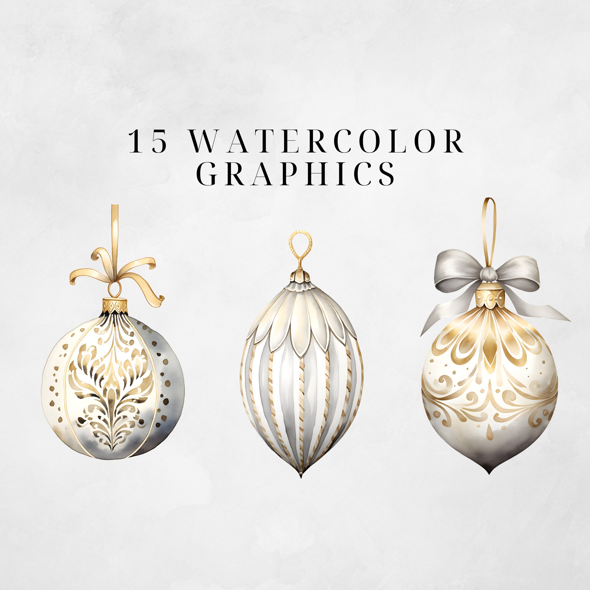 Vintage Christmas Ornaments Clipart, Gold Silver Watercolor Art ...