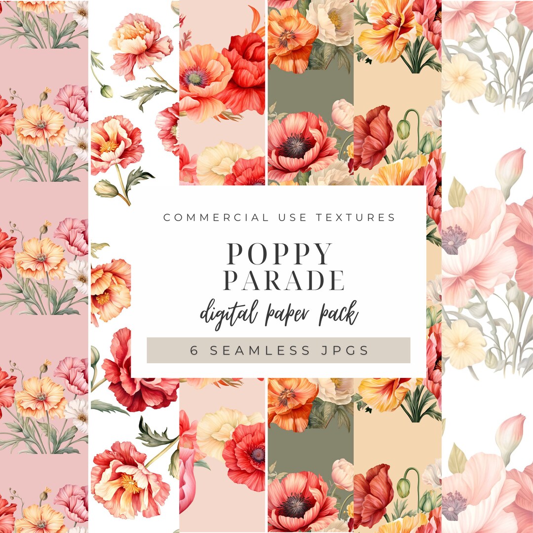 Poppy Flower Digital Papers, Remembrance Seamless Custom Set, Botanical ...