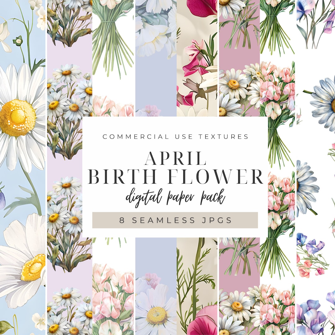 April Birth Flower Digital Paper, Spring Watercolor Daisy Sweet Pea ...