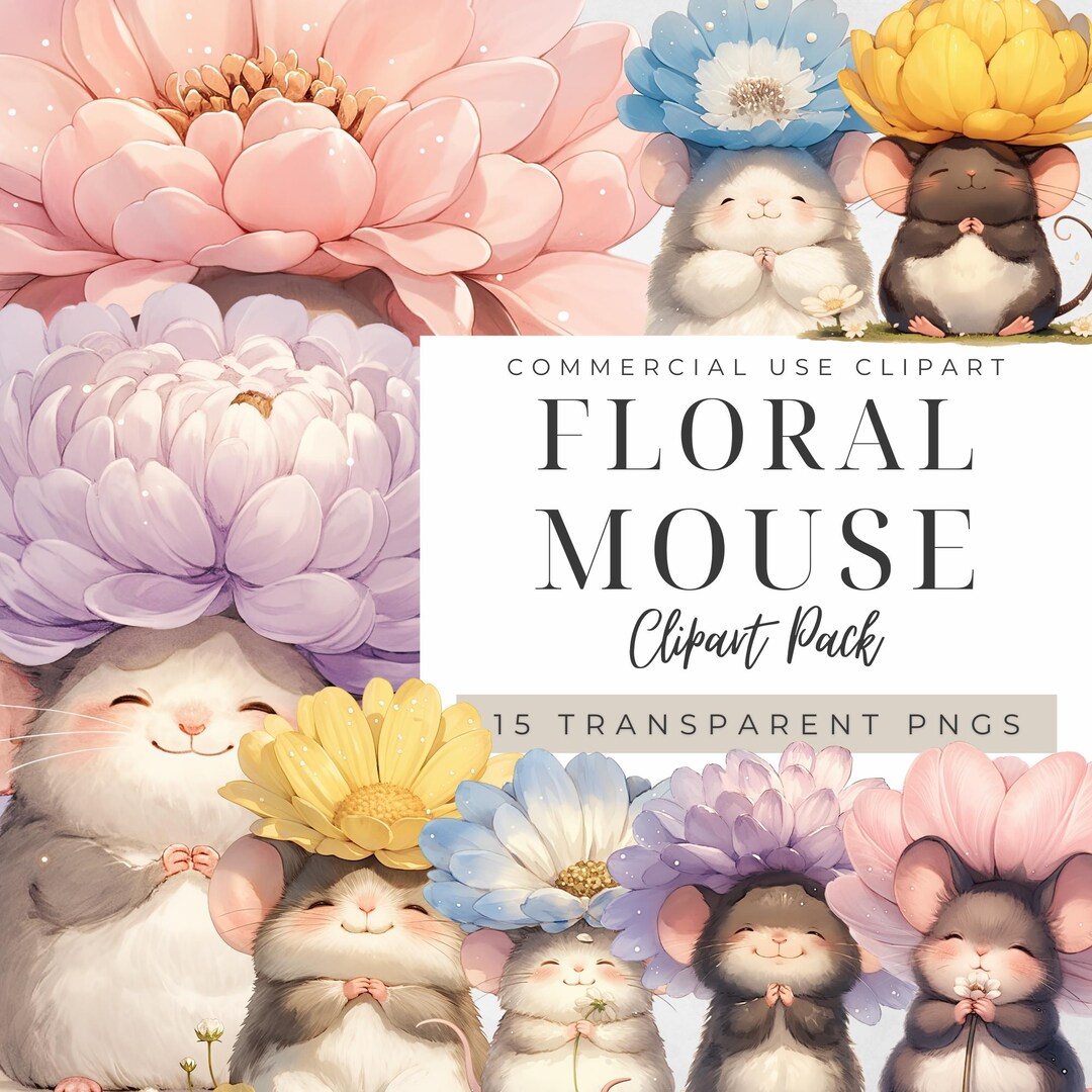Floral Mouse Clipart Bundle, Cute Mice Illustrations, Kids Art Nursery ...