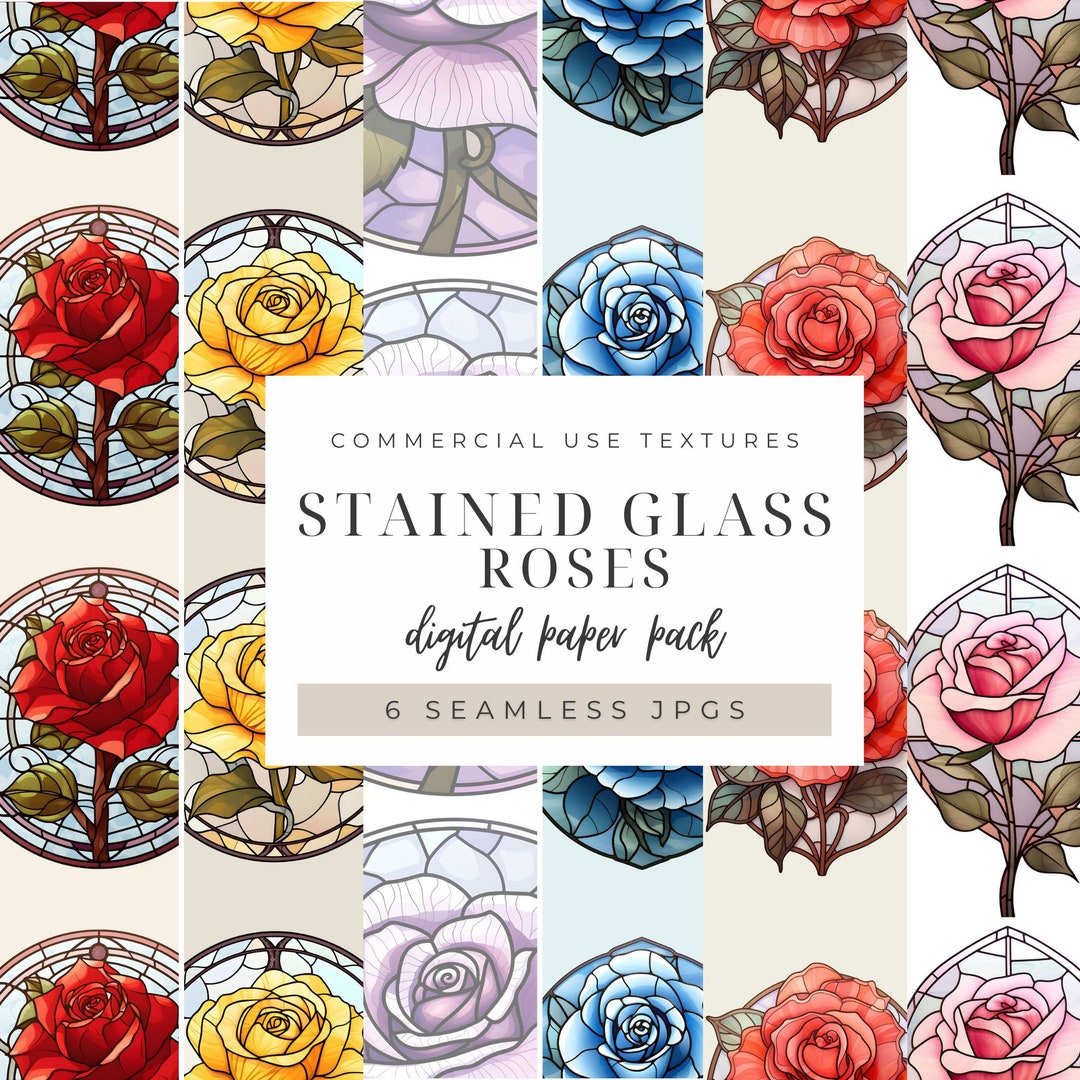 Stained Glass Rose Digital Papers, Seamless Matching Custom Set, Floral ...