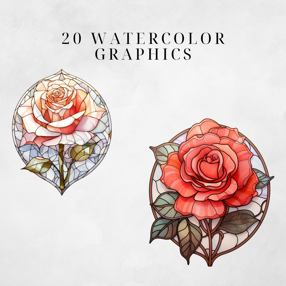 Stained Glass Roses Clipart, Watercolor Blue Coral Rose Florals, Church ...