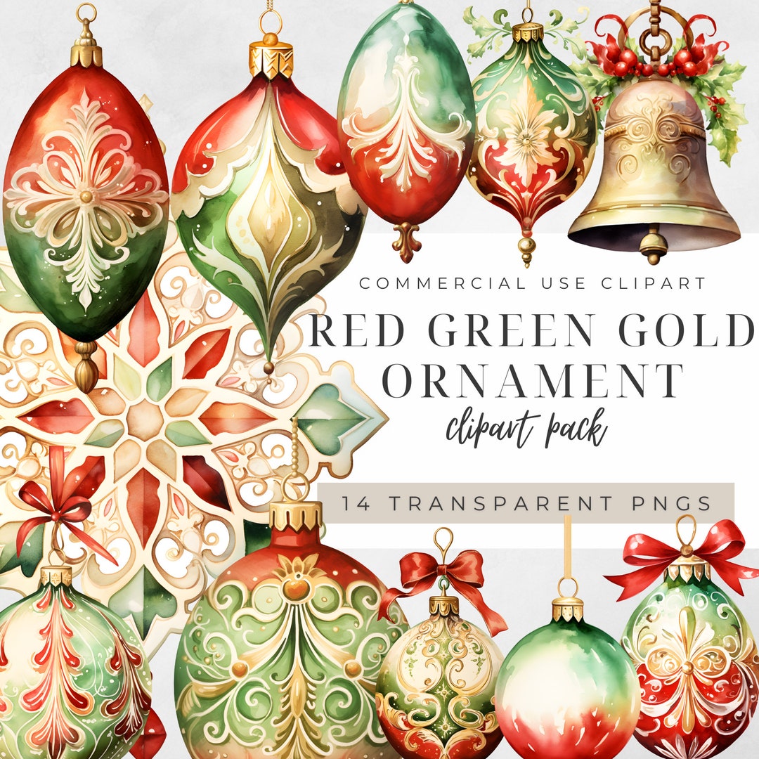 Vintage Christmas Ornaments Clipart, Red Green Gold Watercolor Tree ...