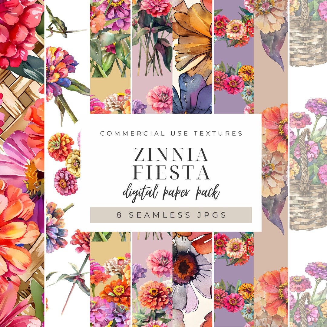 Zinnia Flower Digital Paper, Vibrant Garden Red Pink Orange Blooms ...