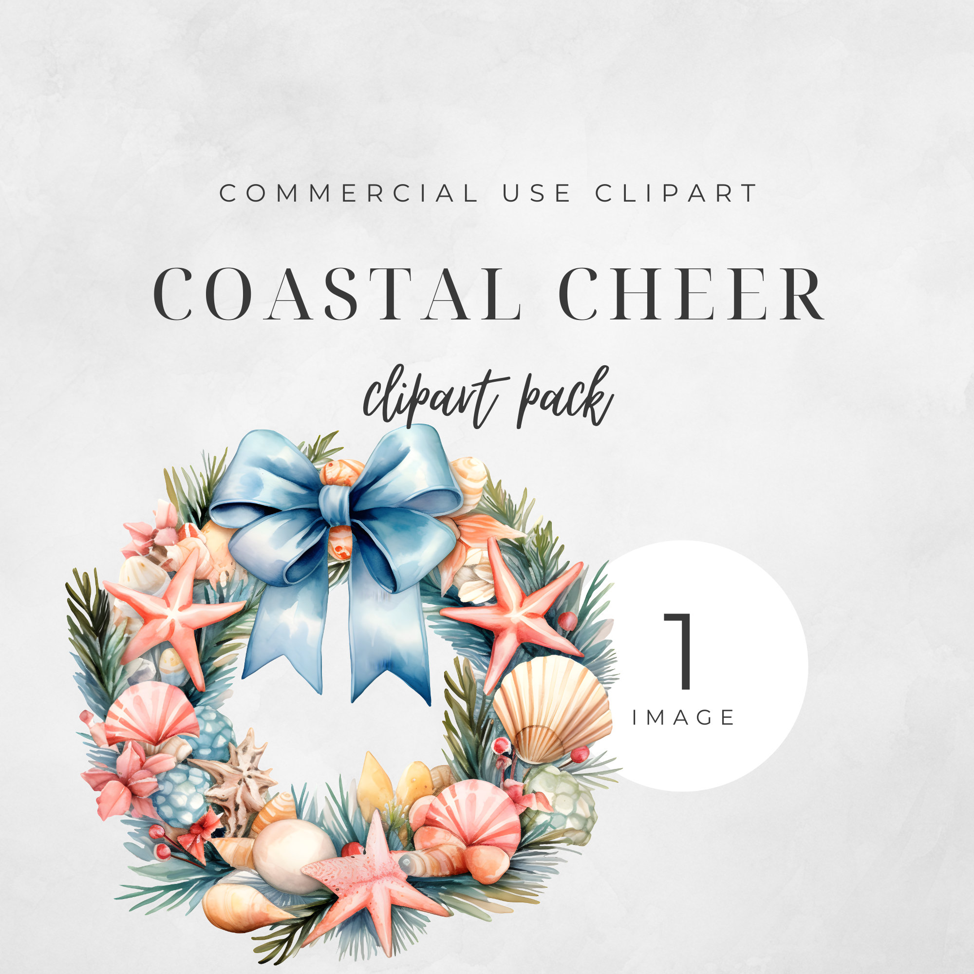 Christmas Wreath Clipart, SINGLE IMAGE Coastal Themed Watercolor Art ...