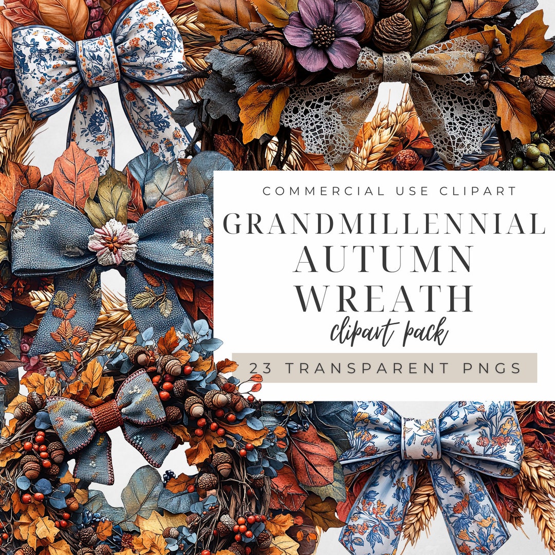 Grandmillennial Fall Clipart, Coquette Autumn Wreath Graphics, Toile ...