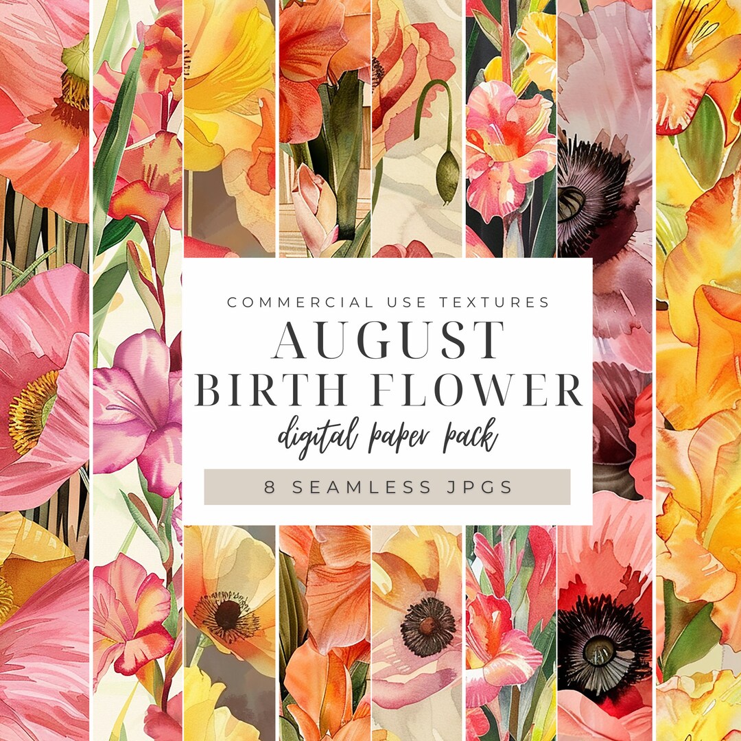 August Birth Flower Seamless Digital Paper, Gladiolus Poppy Vintage ...