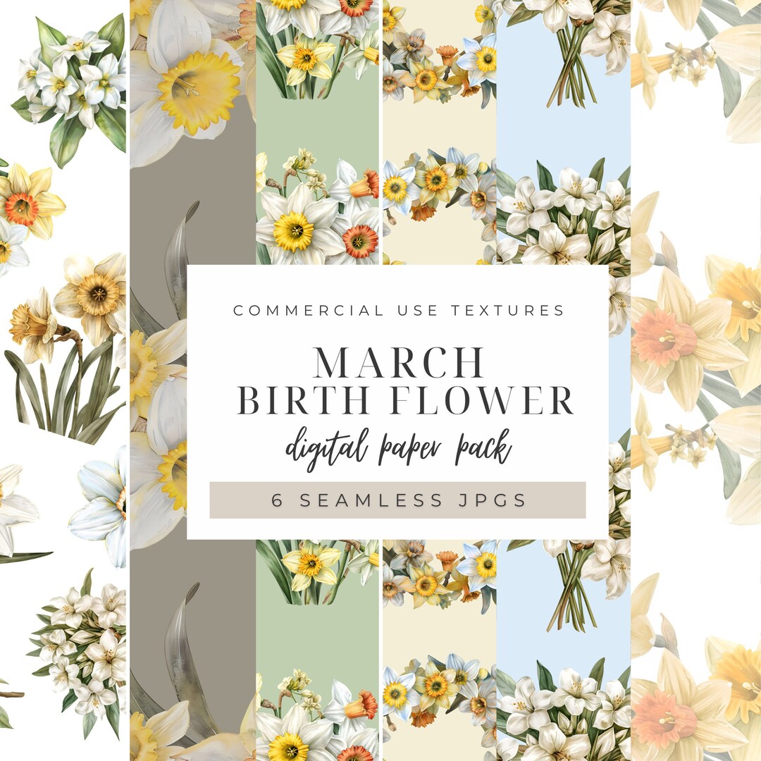 March Birth Flower Digital Paper, Daffodil Jonquil Seamless Custom ...