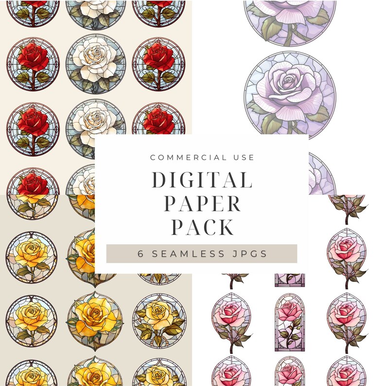 Stained Glass Rose Digital Papers, Seamless Matching Custom Set, Floral ...