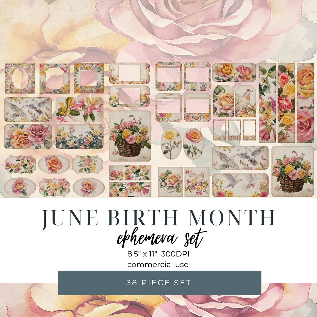 June Birth Month Art Journal Ephemera Pack 38 Pieces, Rose Pearl Custom ...