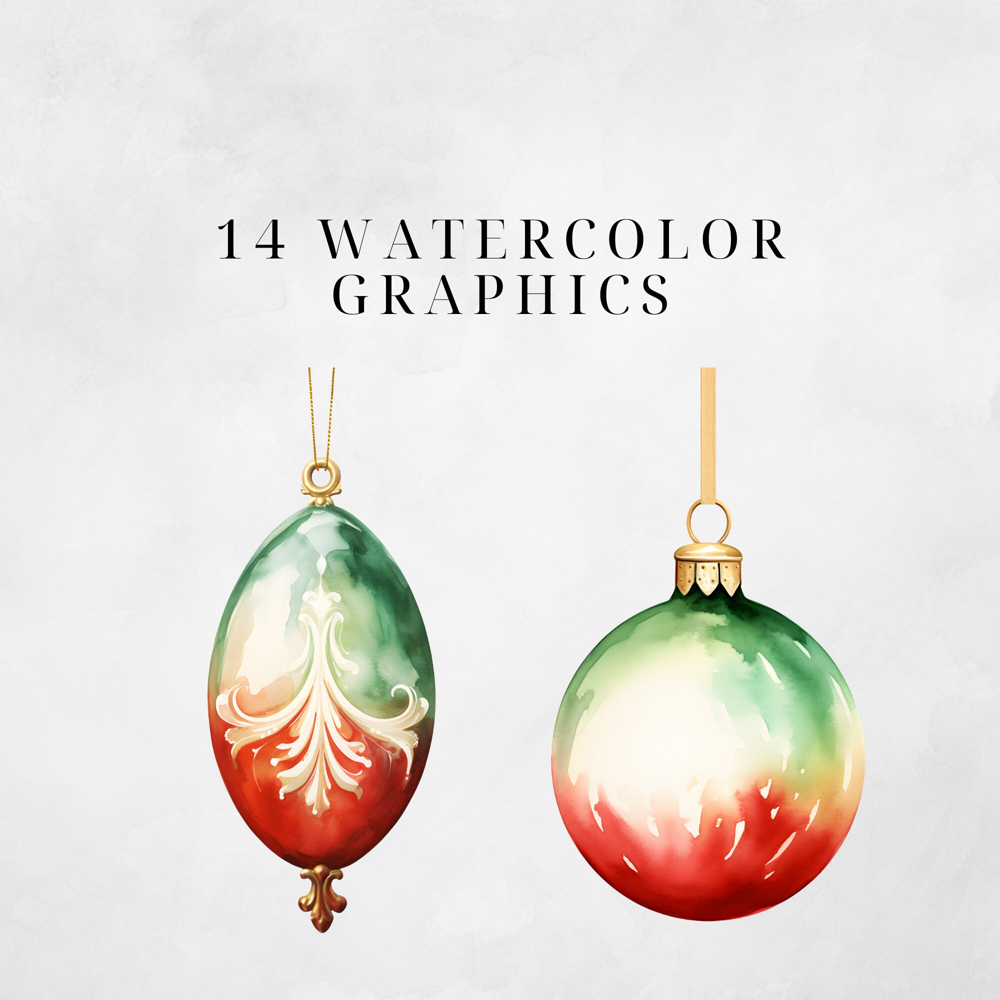 Vintage Christmas Ornaments Clipart, Red Green Gold Watercolor Tree ...