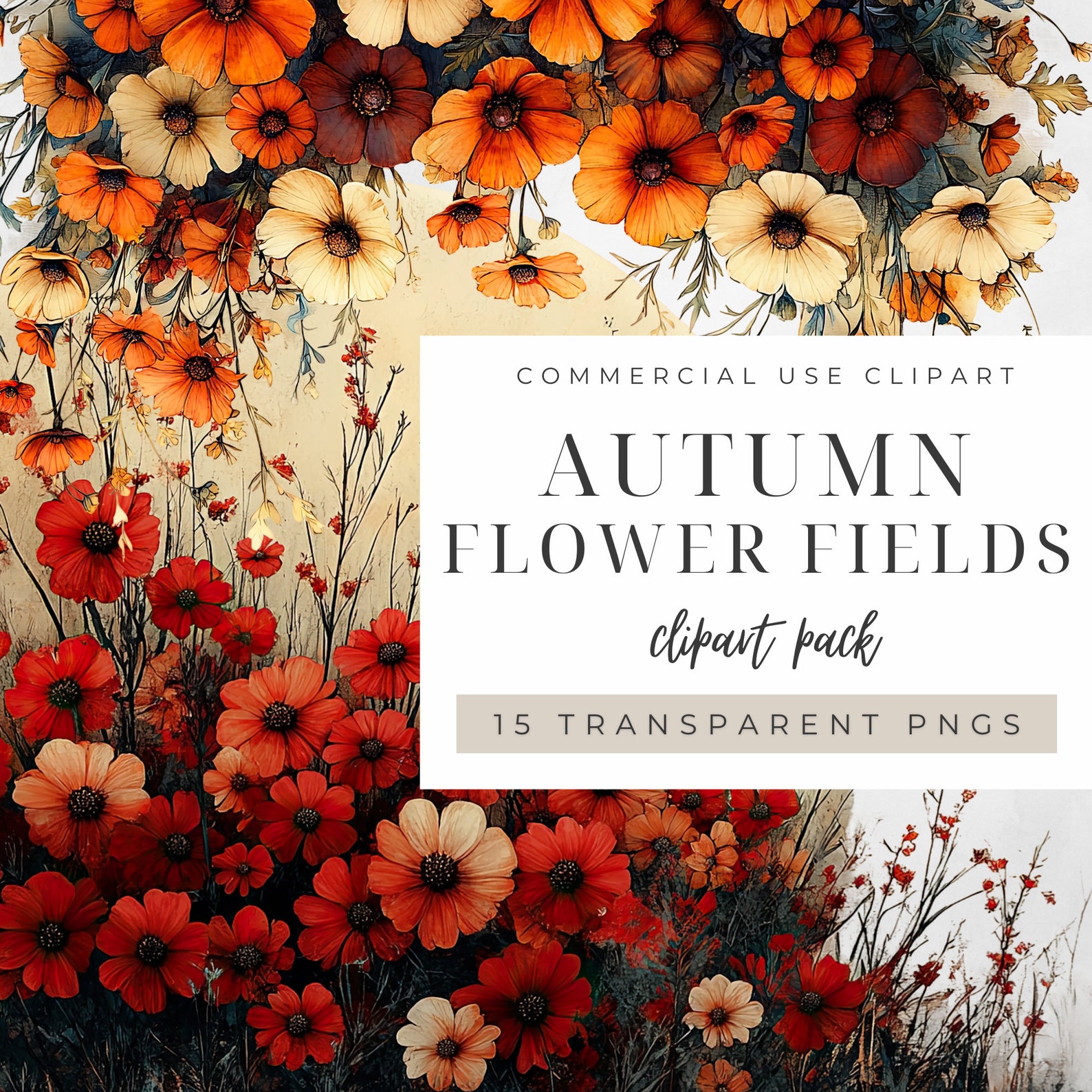 Fall Flower Field Clipart, Autumn Floral Patches Graphics, Border Frame ...