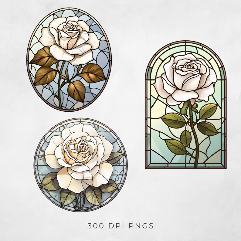 Stained Glass Roses Clipart, Watercolor Blue Coral Rose Florals, Church ...