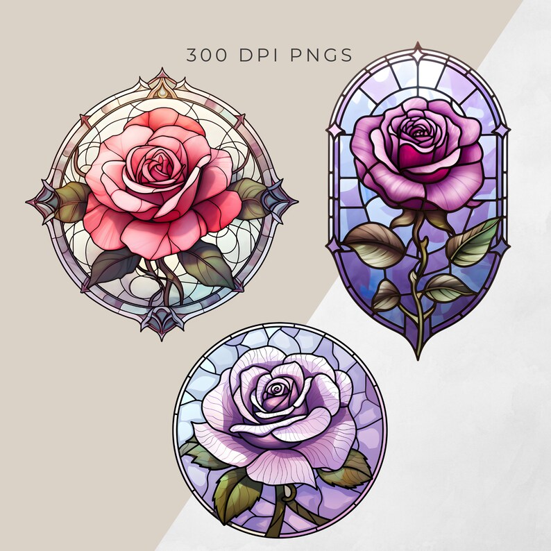 Stained Glass Roses Clipart, Watercolor Blue Coral Rose Florals, Church ...