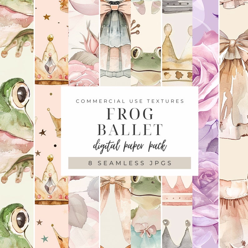 Cute Frog Digital Paper, Pastel Ballerina Seamless Graphics, Watercolor ...