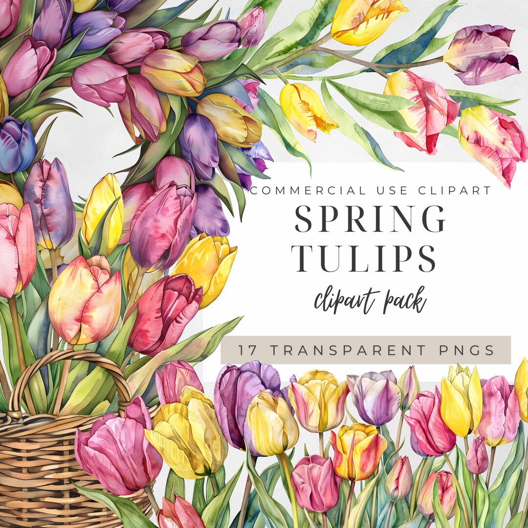 Spring Tulip Flower Clipart, Watercolor Yellow Purple Floral Wreath ...