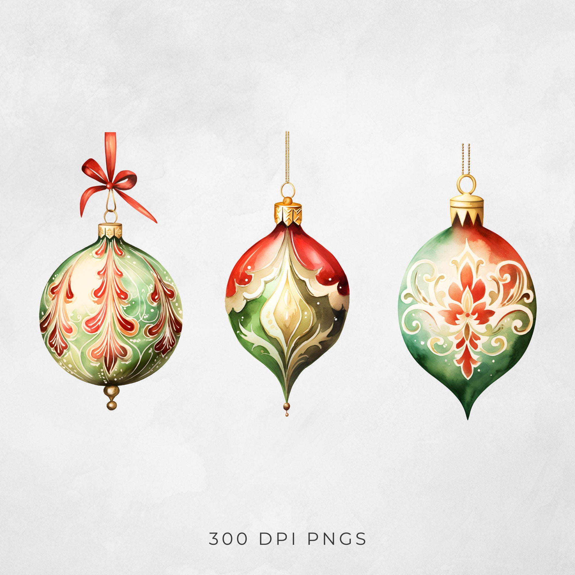 Vintage Christmas Ornaments Clipart, Red Green Gold Watercolor Tree ...