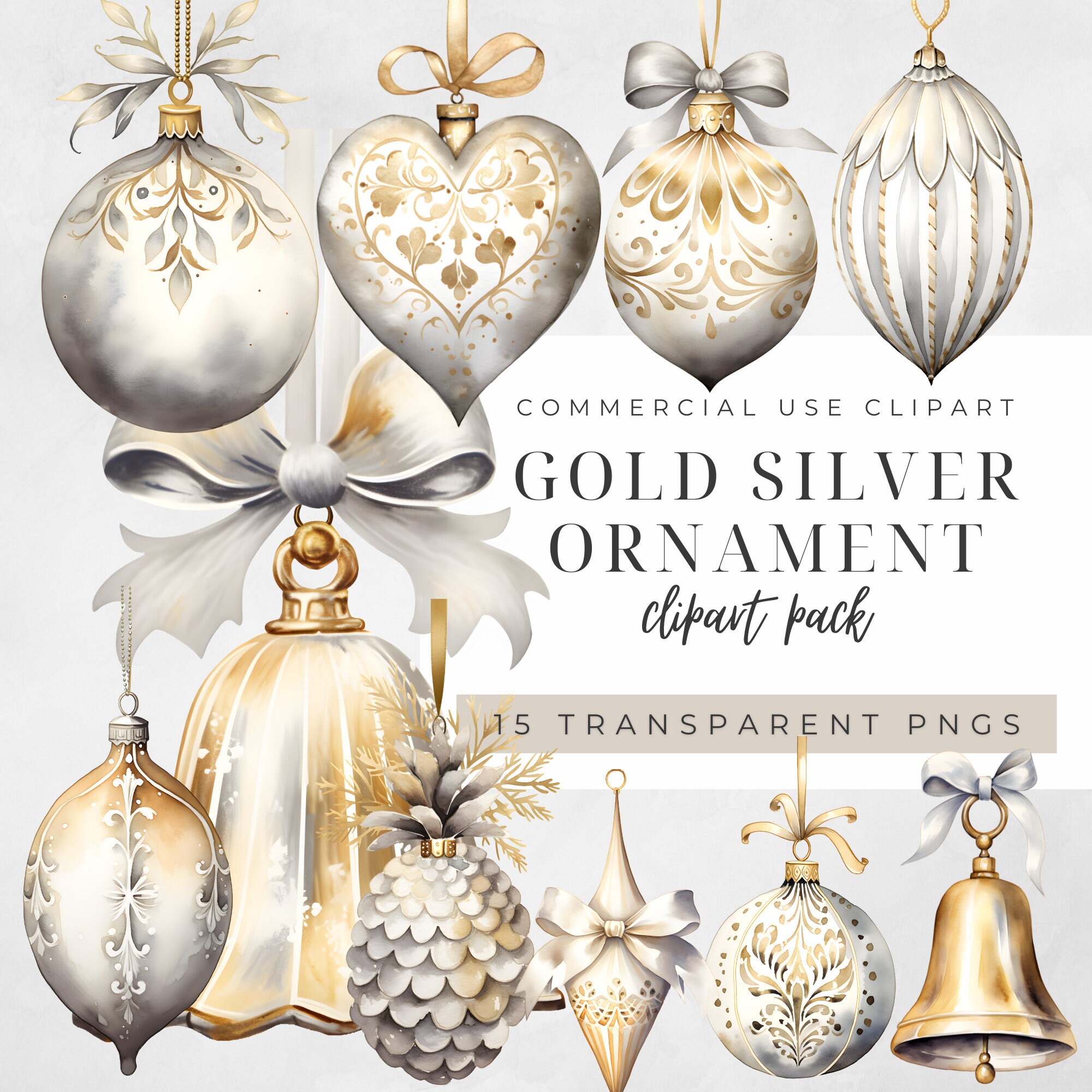 Vintage Christmas Ornaments Clipart, Gold Silver Watercolor Art ...