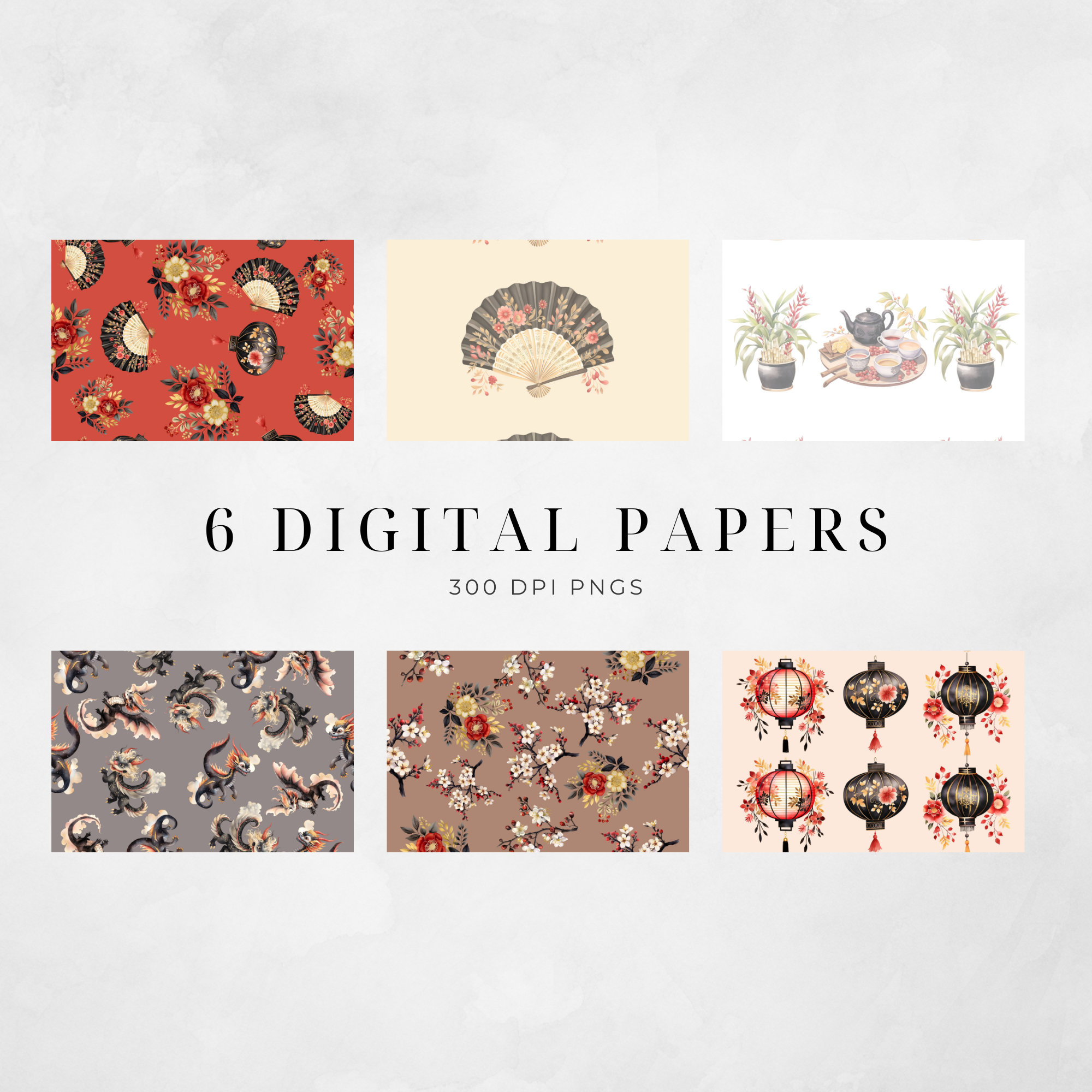 Year of the Dragon Digital Papers, Lantern Seamless Custom Set, Lucky ...