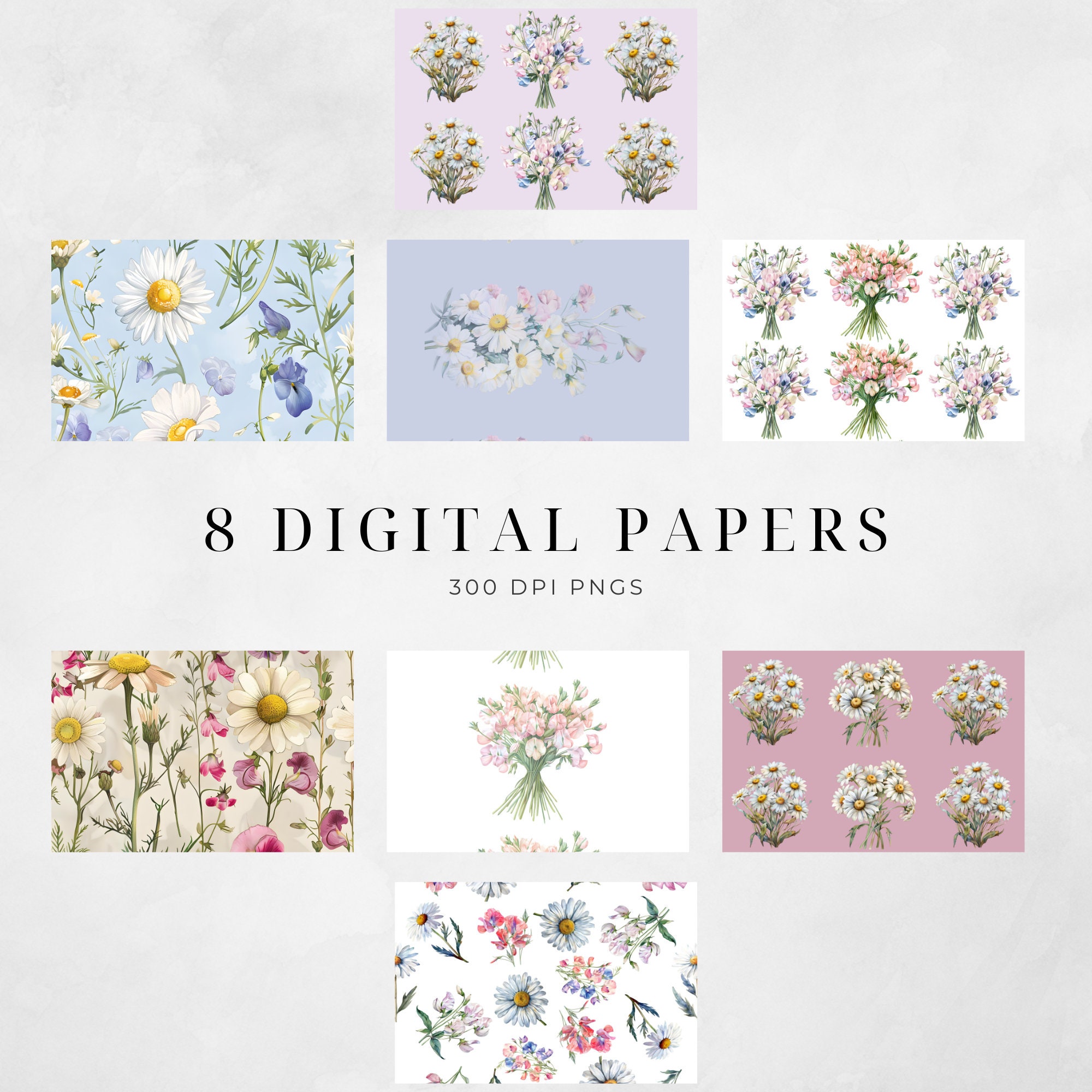 April Birth Flower Digital Paper, Spring Watercolor Daisy Sweet Pea ...