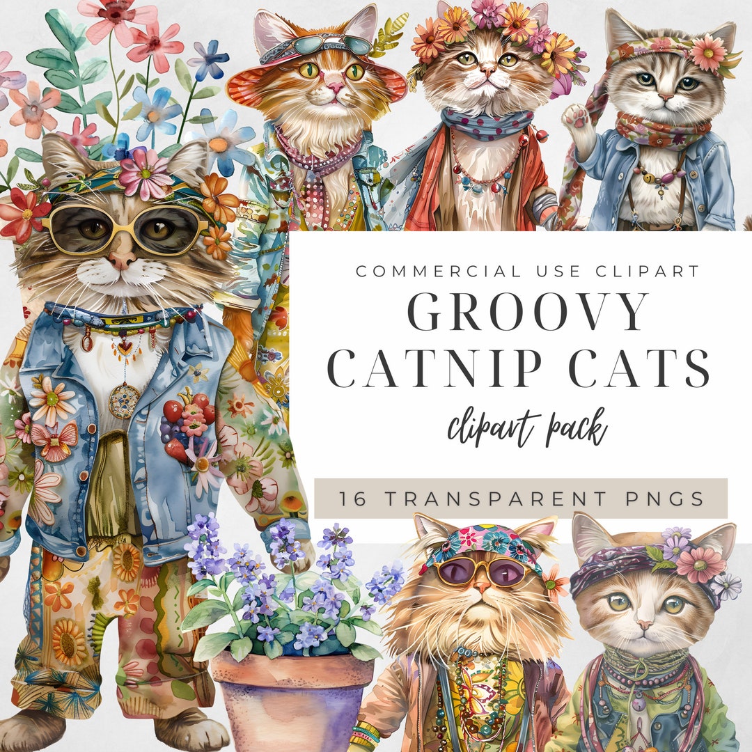 Cute Kitten Watercolor Clipart Funny Cat Clipart, Quirky Hippie Catnip ...