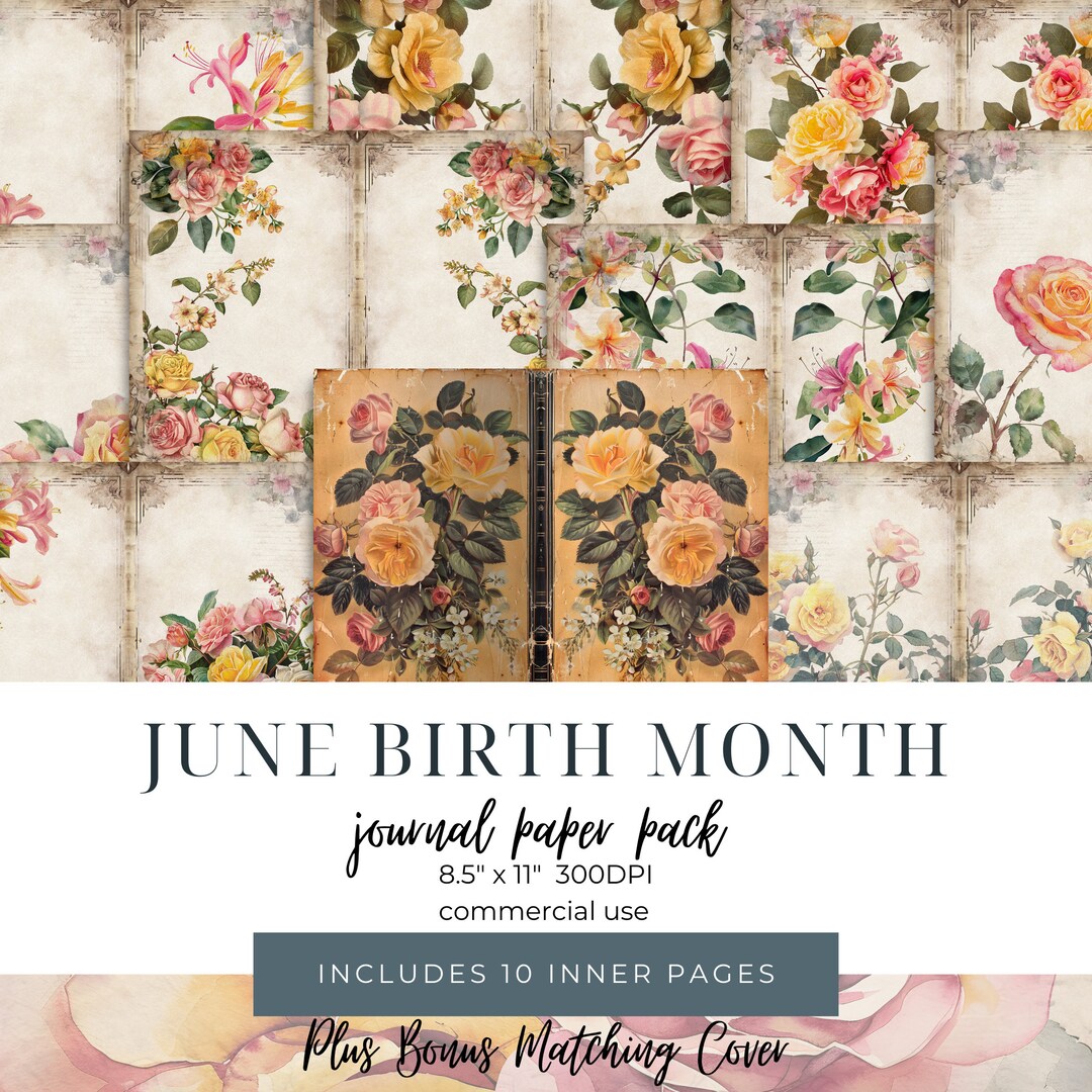 June Birth Month Art Journal Papers, Rose Honeysuckle Scrapbook Cover ...