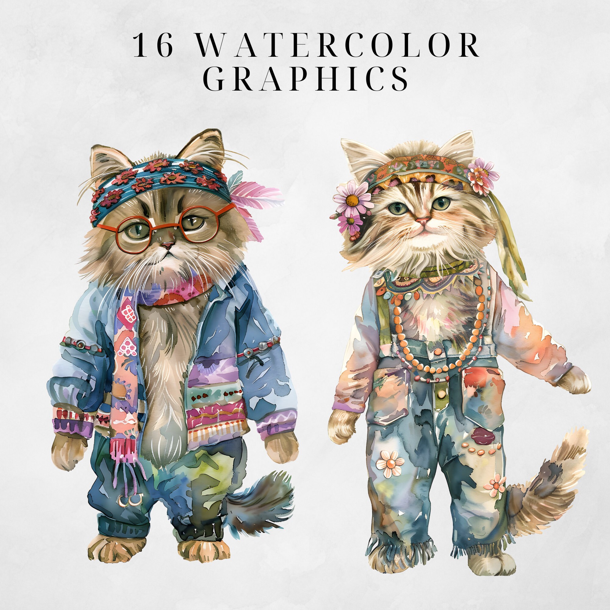 Cute Kitten Watercolor Clipart Funny Cat Clipart, Quirky Hippie Catnip ...
