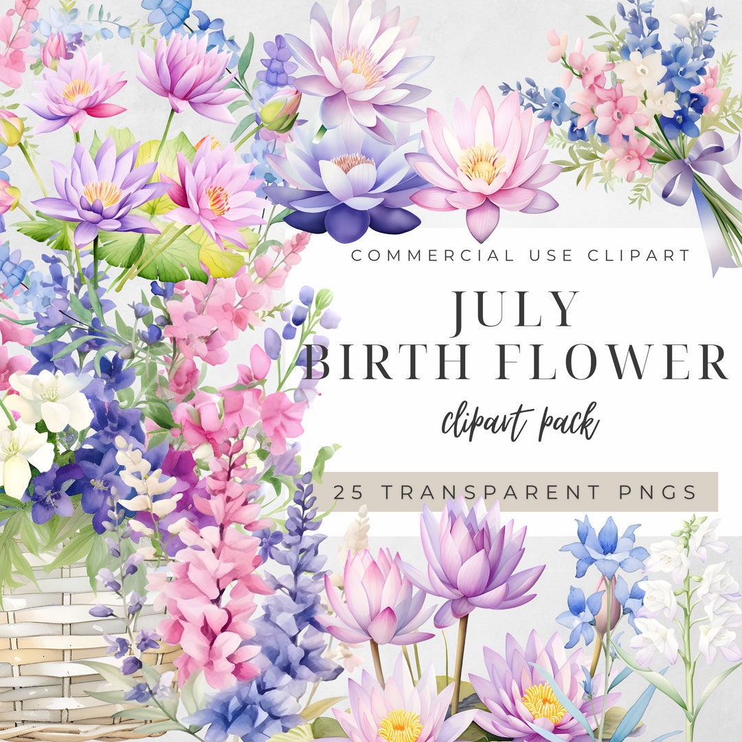 July Birth Flower Clipart, Larkspur Water Lily Floral, Pink Purple ...