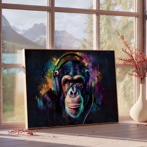 Monkey Headphones Canvas, Pop Art Painting Print, Graffiti Print, Large ...