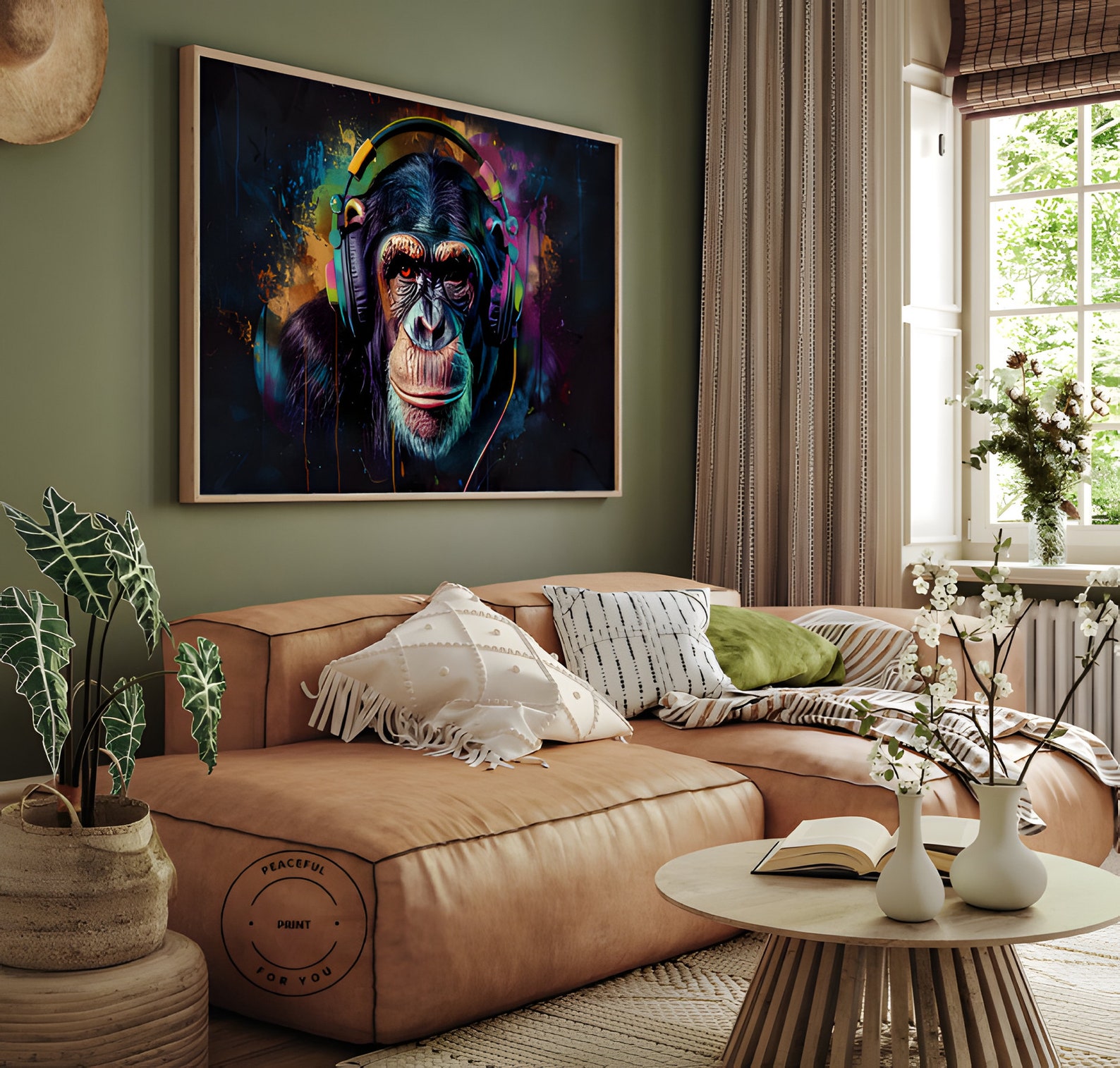 Monkey Headphones Canvas, Pop Art Painting Print, Graffiti Print, Large ...