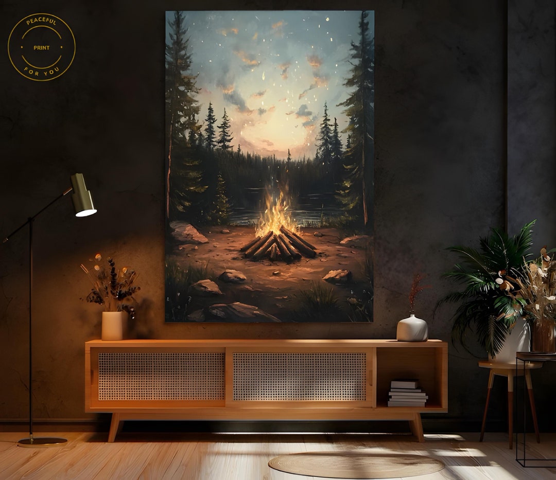 Rustic Campfire Oil Painting, Moody Pine Tree Poster Print Camping ...